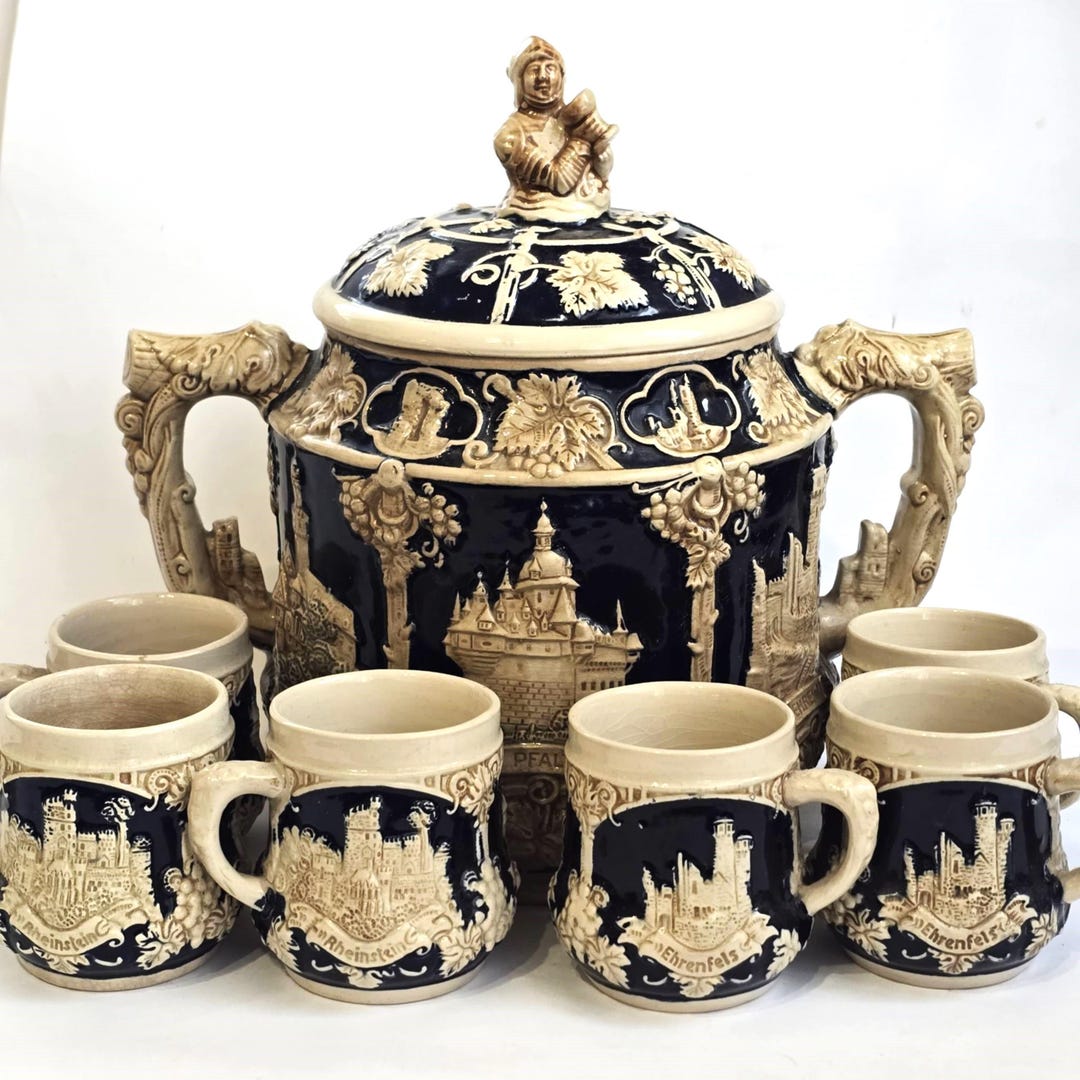 German Punch Bowl Set With 6 Cups, Blue Salt Glazed, Stoneware Crock ...