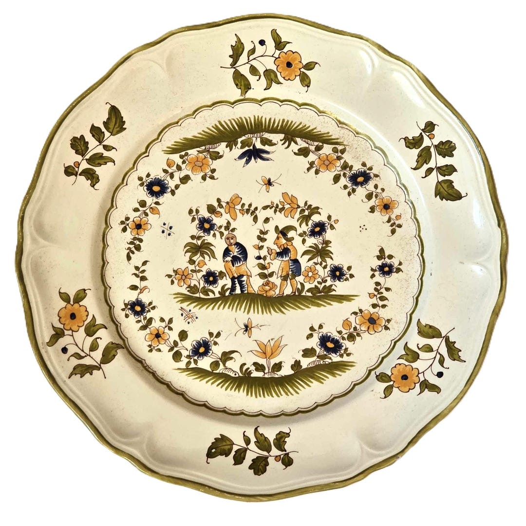 Antique Vieux Moustier Faience Dinner Plate 10.3'' Hand Painted Green ...