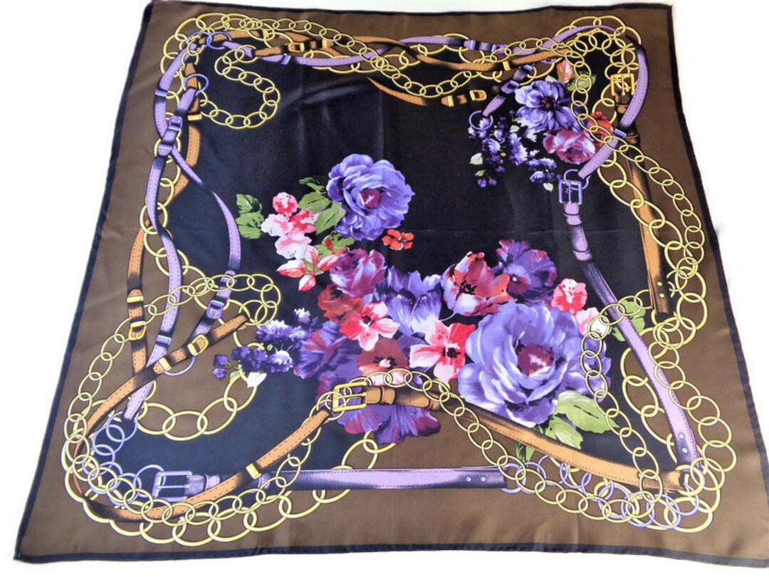 Vintage Silk Scarf With Chains and Flowers, Multi Color Large Head ...
