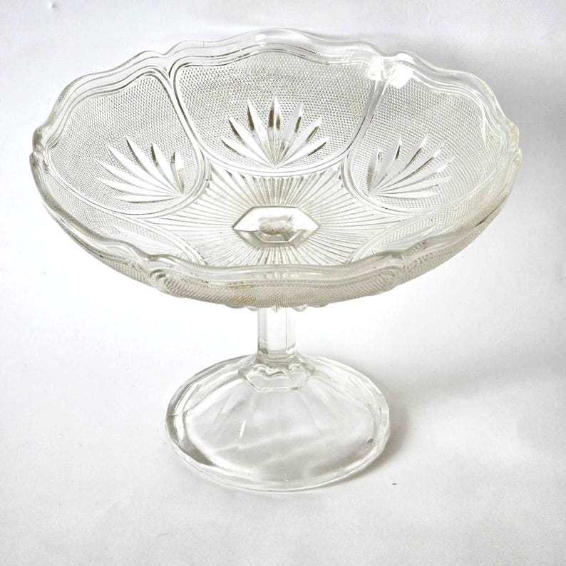 Vintage 1930s Pressed Glass Pedestal Compote Bowl Raised Decorative ...