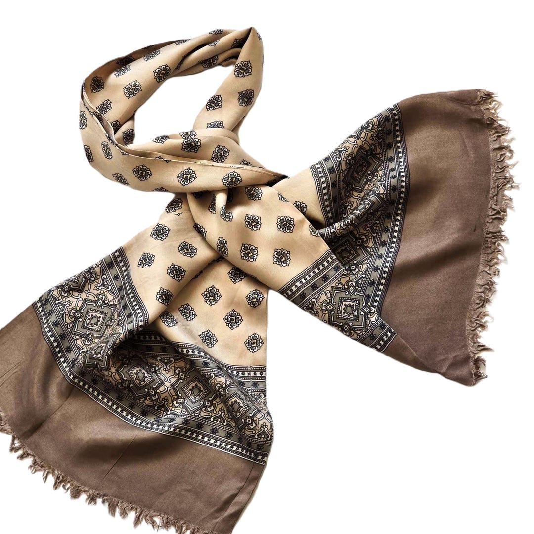 Vintage Men Silk Long Scarf With Oriental Details Pattern Beige Brown ...