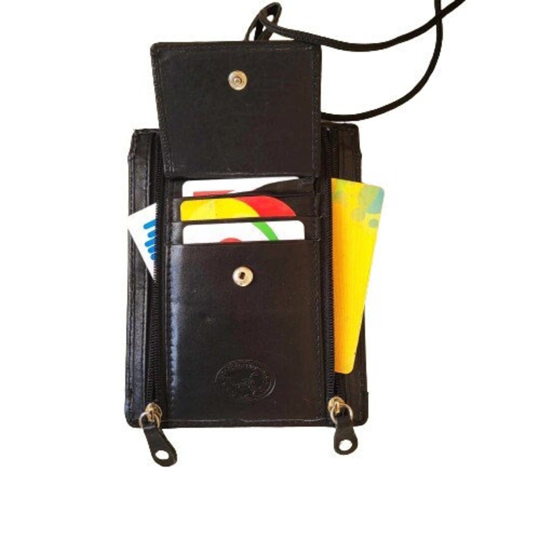 Black Leather Neck Pouch Bag With Many Compartments Pockets and Card ...