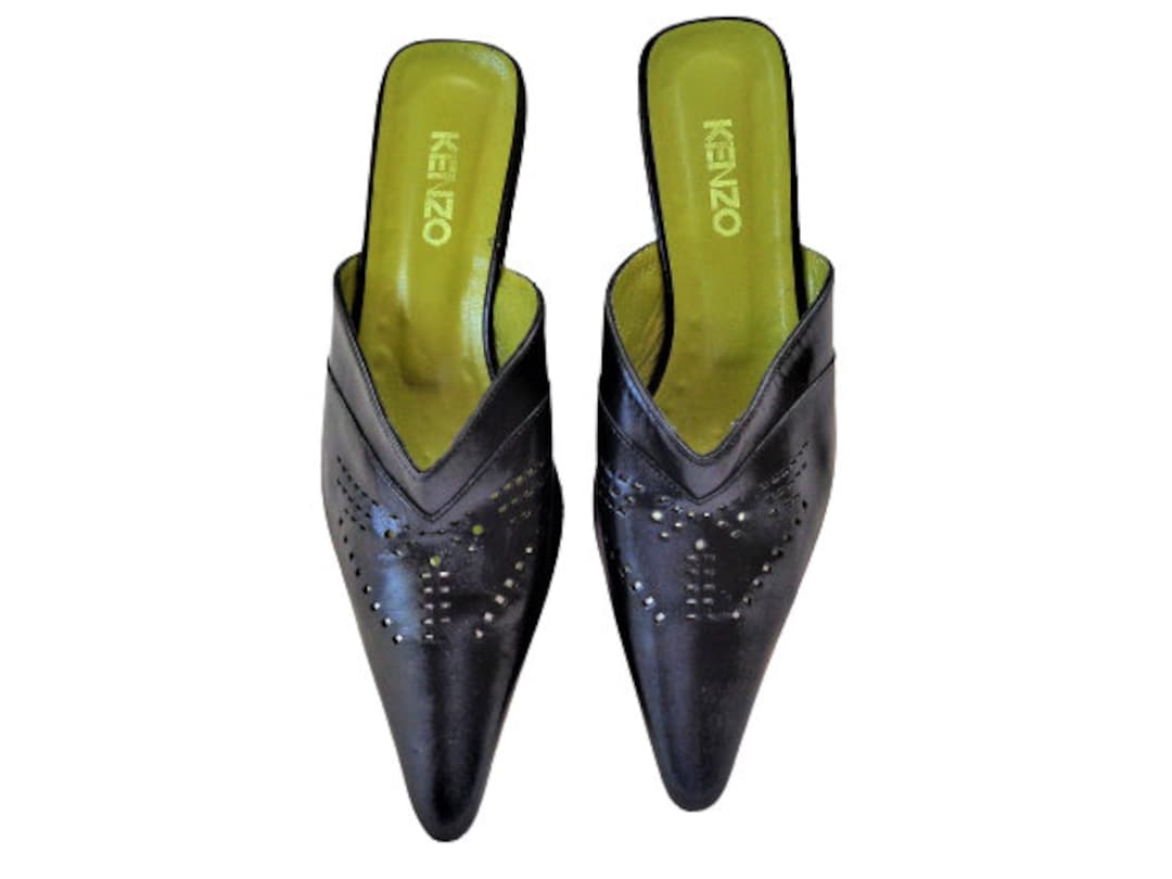 KENZO Sandals, Pointed Toe Summer Mules, Black Leather Sandals, Flat ...