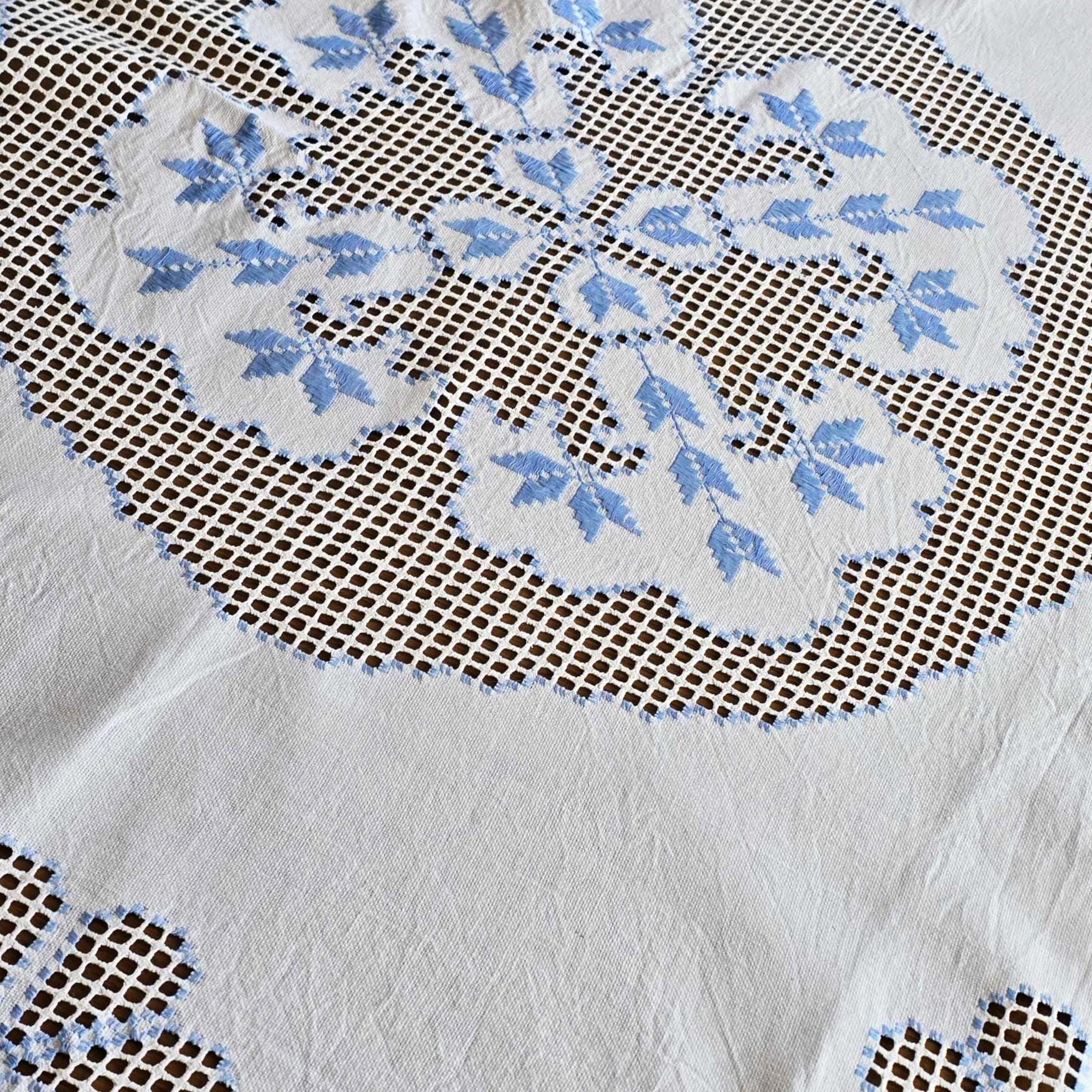 Vintage Embroidered Round Tablecloth White Linen With Blue Hand ...