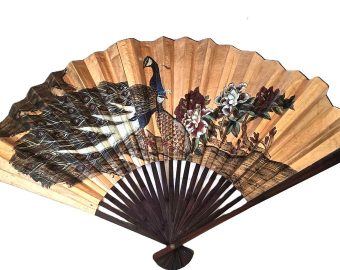 Vintage Extra Large Chinese Wall Fan 76'' Wide Hand Painted Peacock and ...