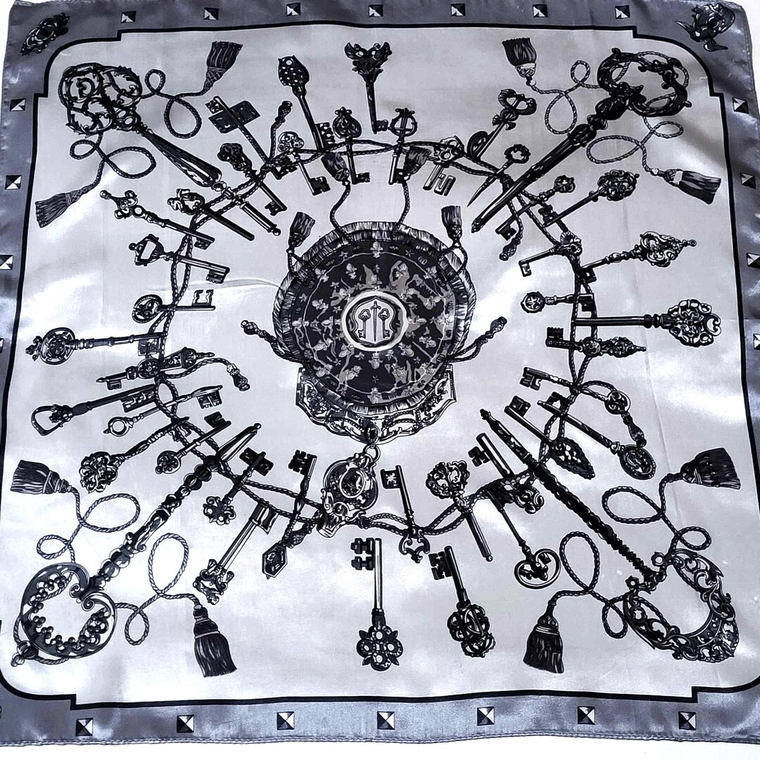 Vintage Metallic Gray Black Satin Scarf Gothic Medieval Themed Key ...