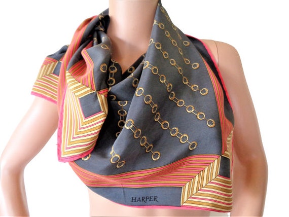 Chain Print Silk Scarf, Harper, Gray Orange Headscarf… - Gem
