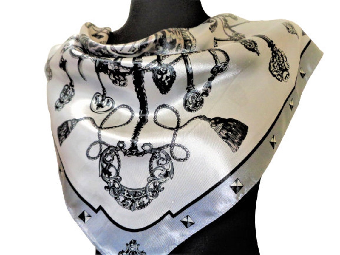 Vintage Metallic Gray Black Satin Scarf Gothic Medieval Themed Key ...
