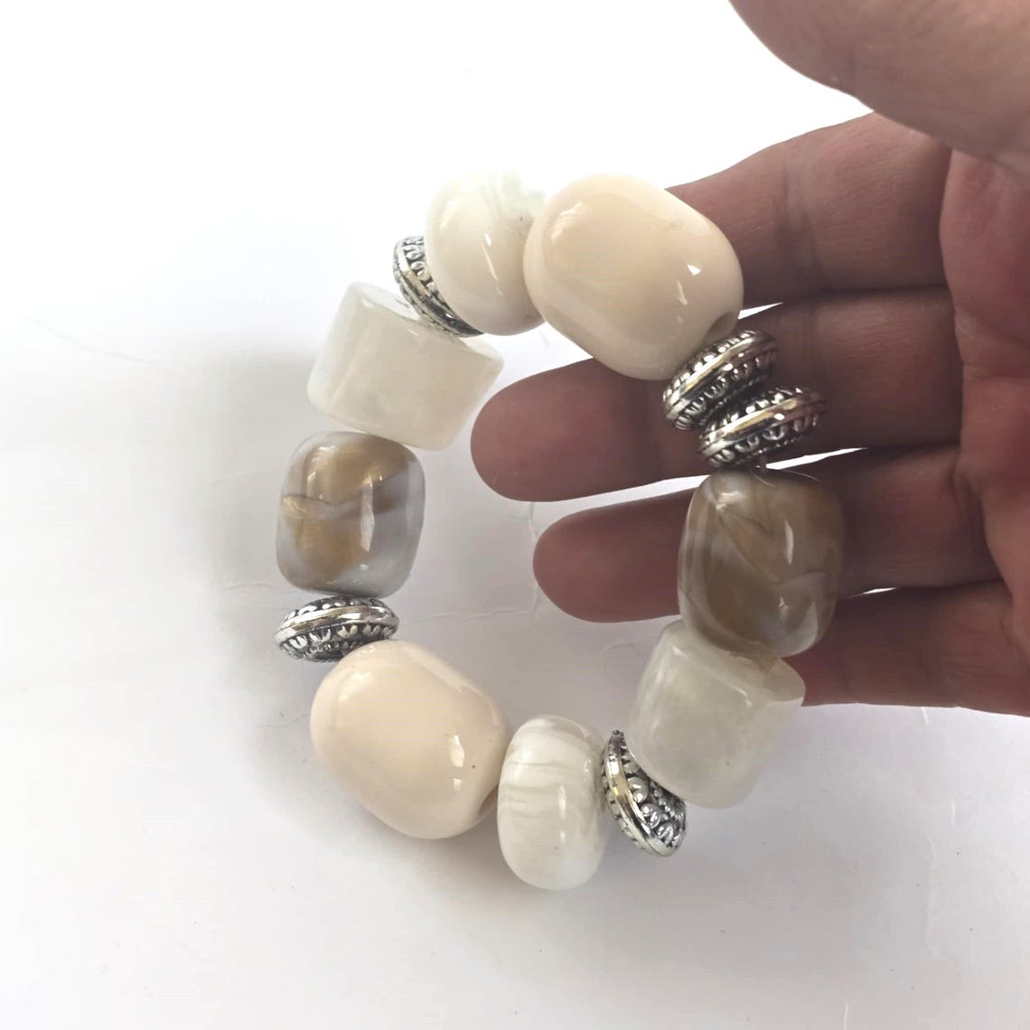 Elastic Marbled Stone Look Plastic Beaded Bangle Vintage Stretch Chunky ...