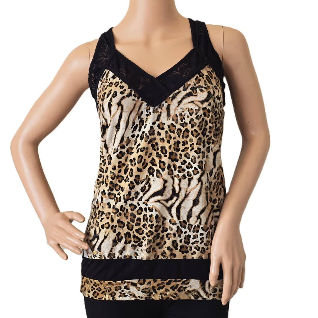 Vintage Roberto Cavalli Leopard Tiger Print Top With Black Logo Lace ...