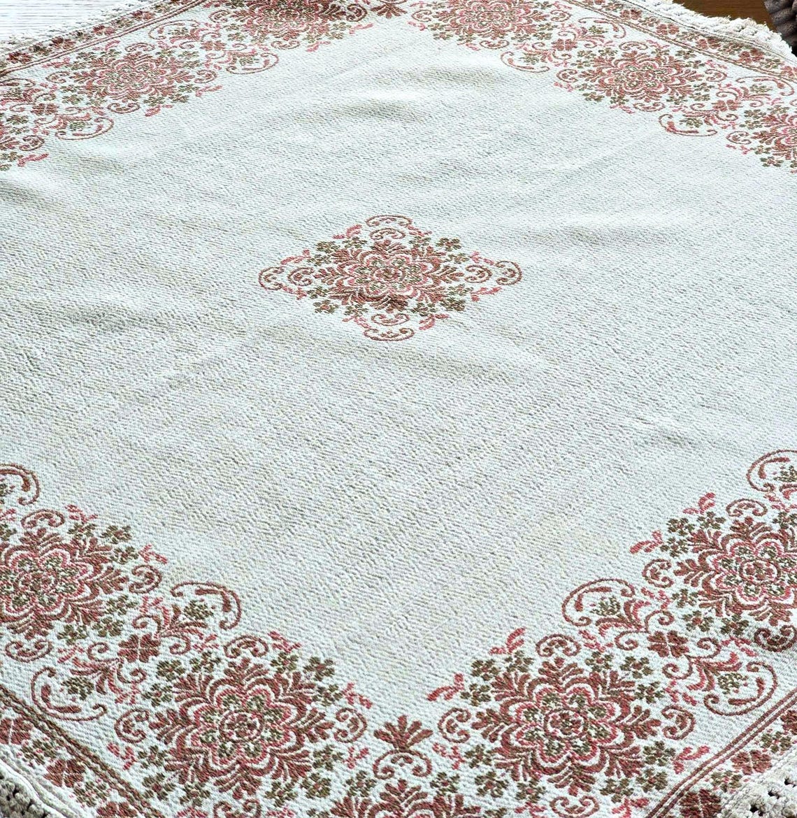 Vintage Austrian Folk Tablecloth Beige Pink Floral Design Linen Cotton ...