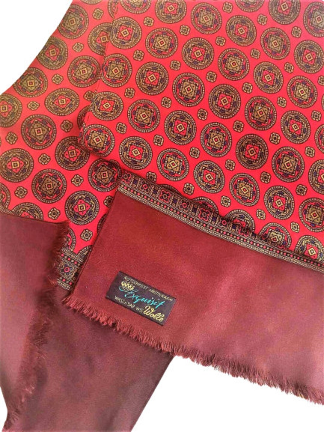 Wool Red Burgundy Geometric Medallion Print Long Neck Scarf Mens ...