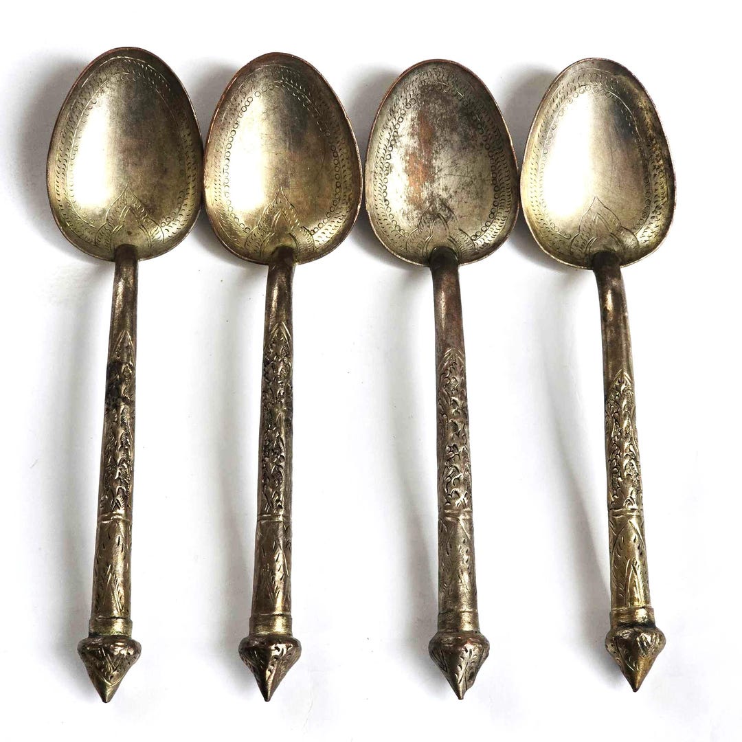 Antique Asian Rice Spoon Set, Silver Plated on Copper, Engraved Etched ...