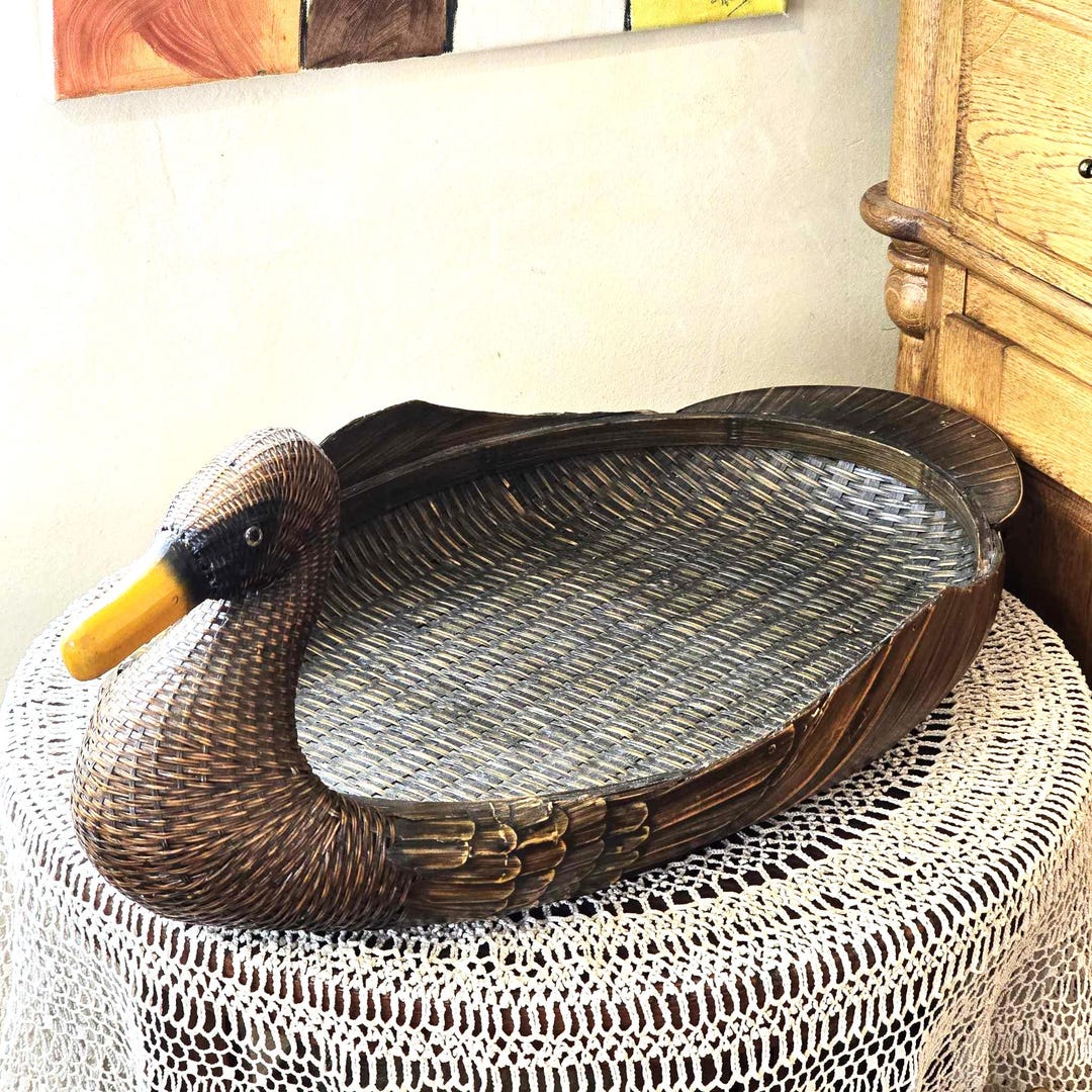 Vintage Large Rattan Tray Duck Goose Shape Wicker Storage Basket Fruit ...