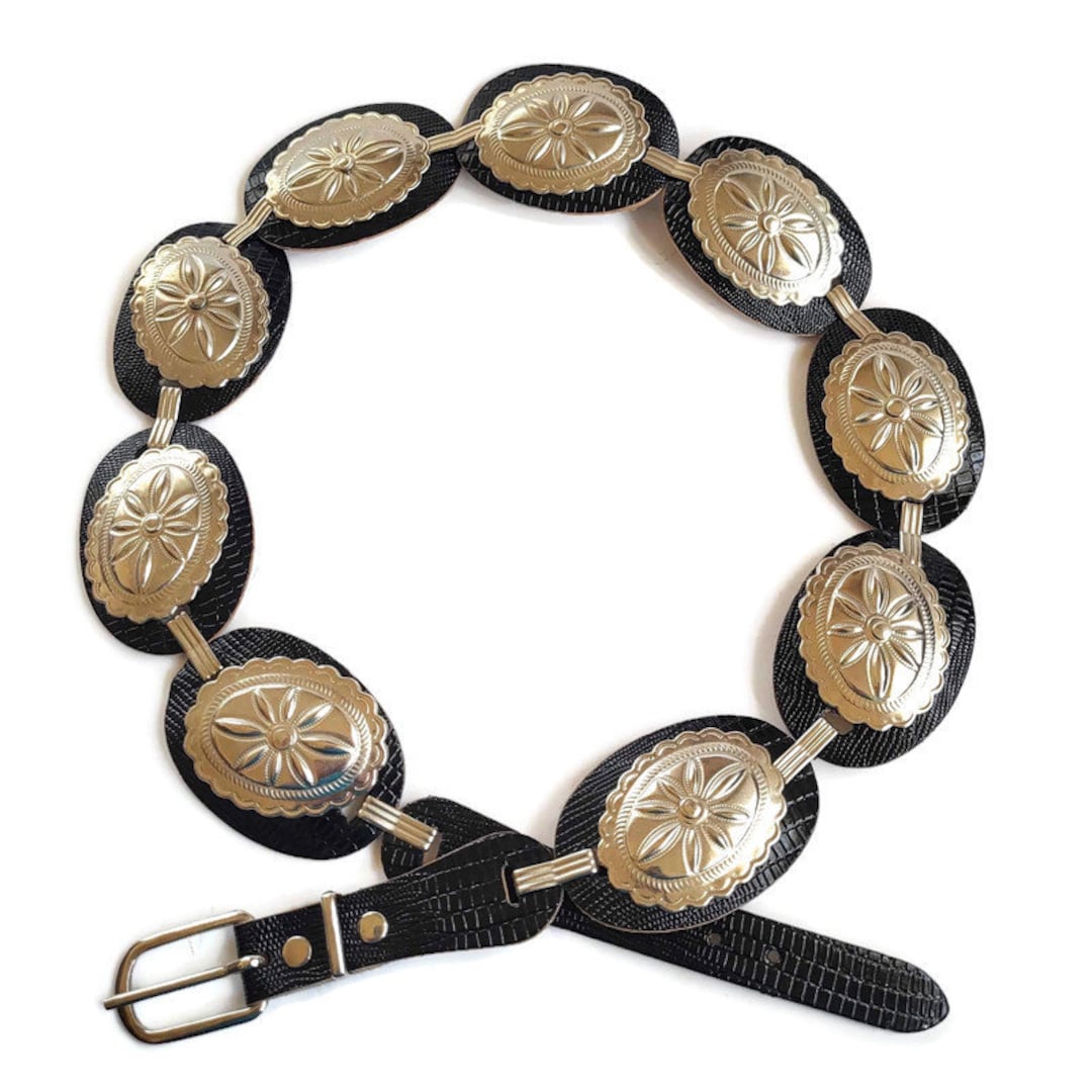 Native American Vintage Concho Belt Black and Silver Tone Metal ...