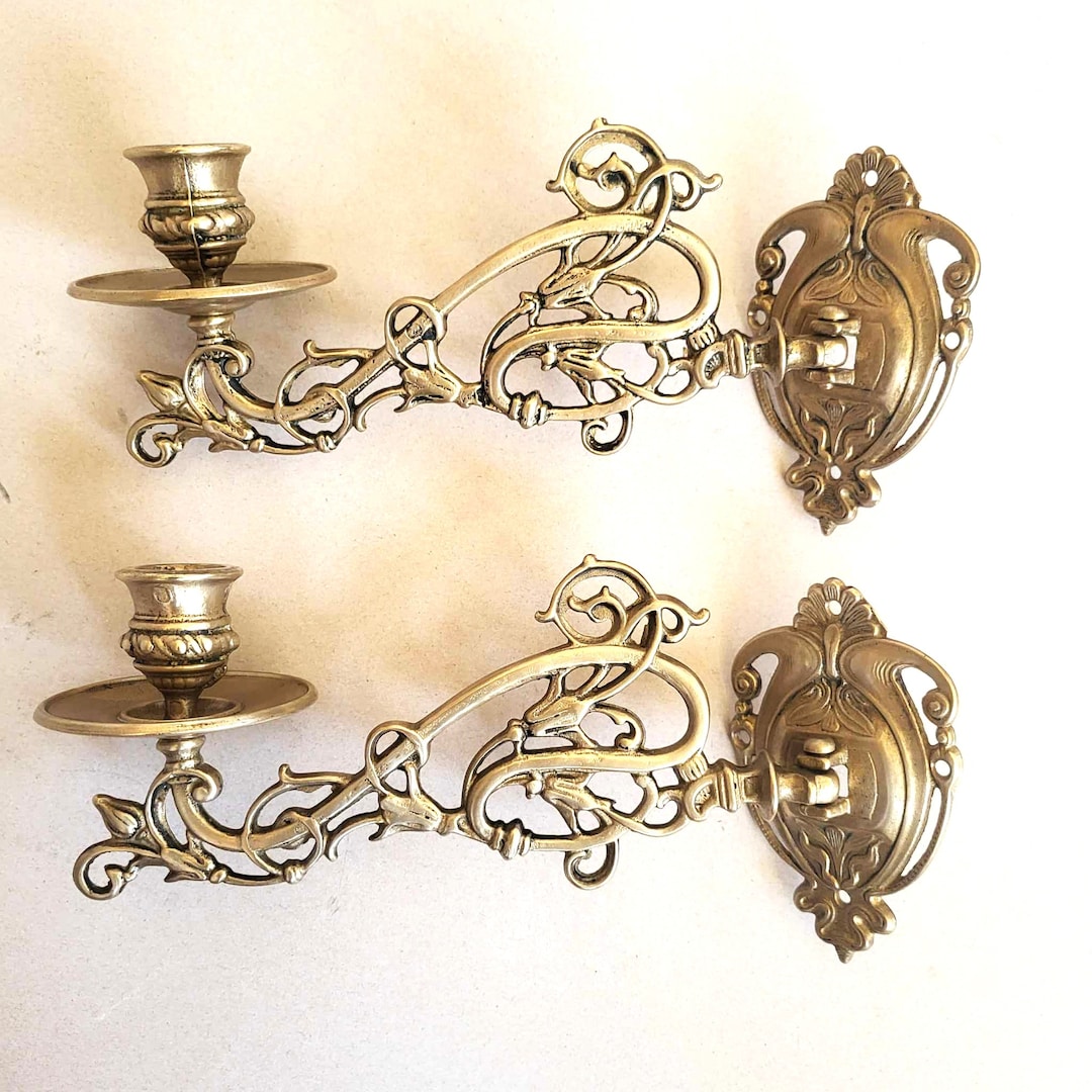 Antique Art Nouveau Piano Candlestick Sconce Pair Swing Arms Brass ...