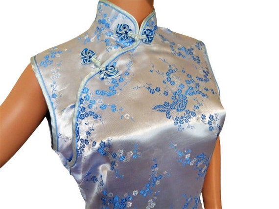 Chinese Cheongsam Top, Blue Metallic Asian Gipao, Flo… - Gem