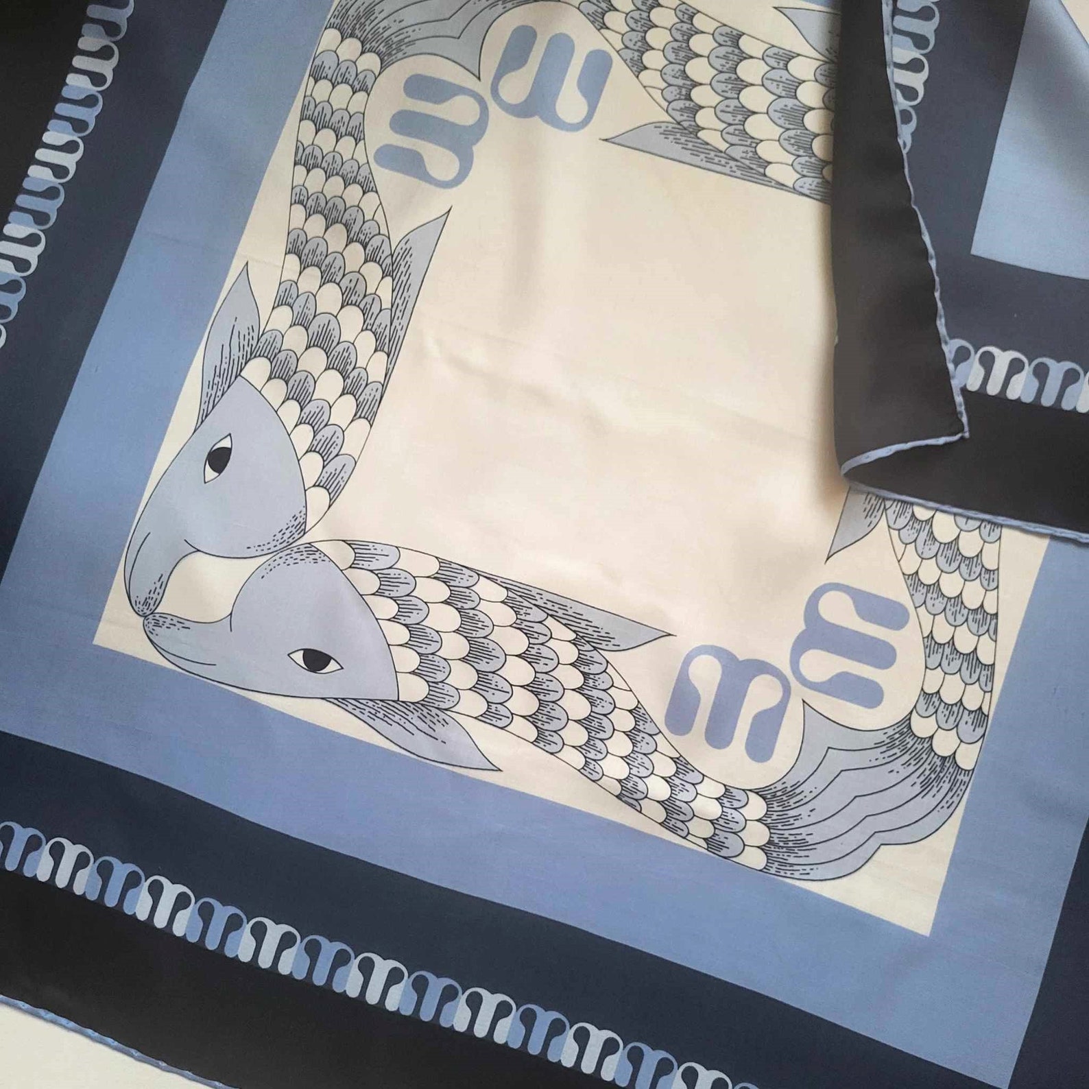 Blue Silk Scarf for Women Girl With Dolphins Printed Vintage Sea Life ...