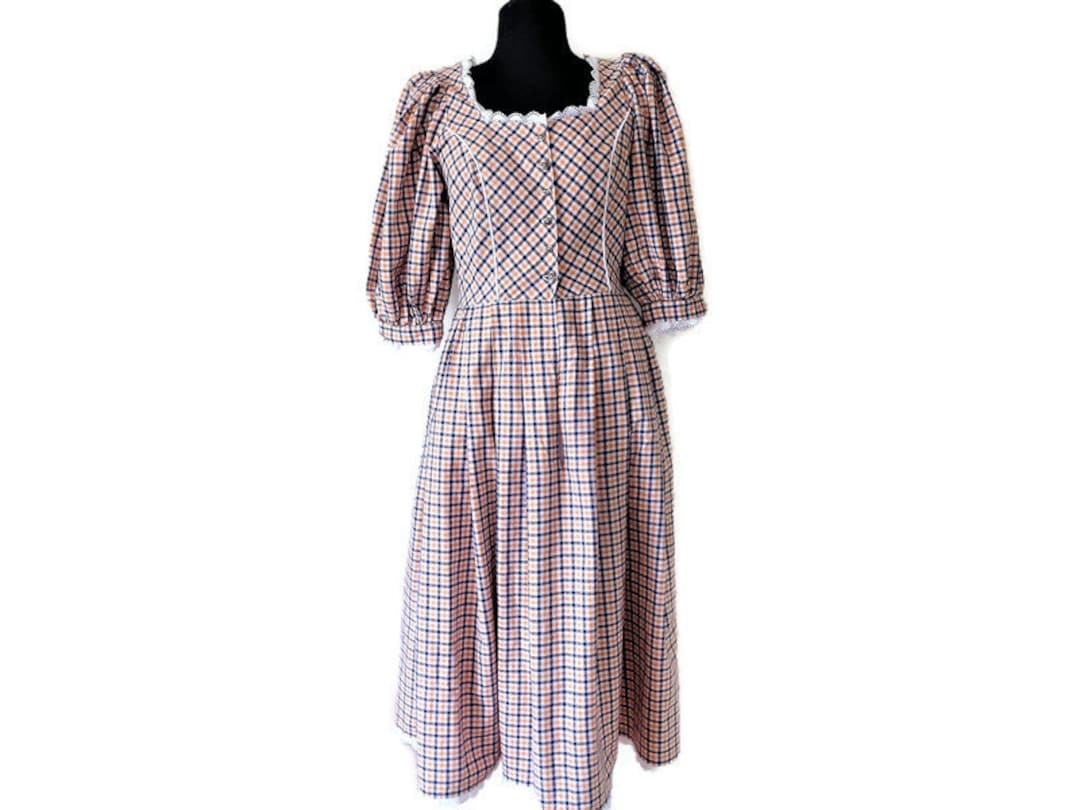 Plaid Dirndl Dress, German Trachten Dress With Lace Trim, Yellow Gray ...
