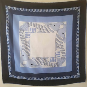 Blue Silk Scarf for Women Girl With Dolphins Printed Vintage Sea Life ...