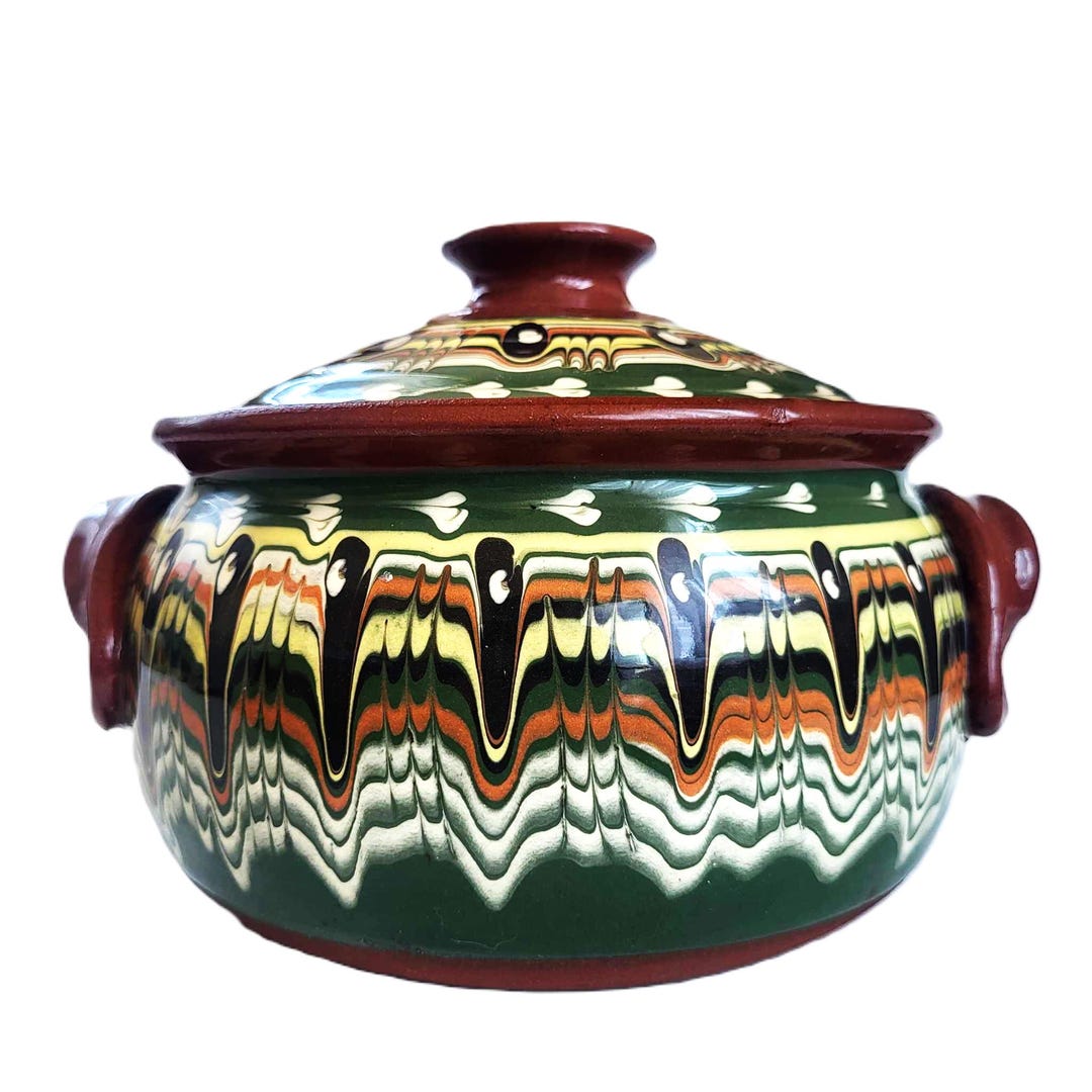 Hand Thrown Clay Baking Dish Oven Casserole Pot With Lid, Green Covered ...