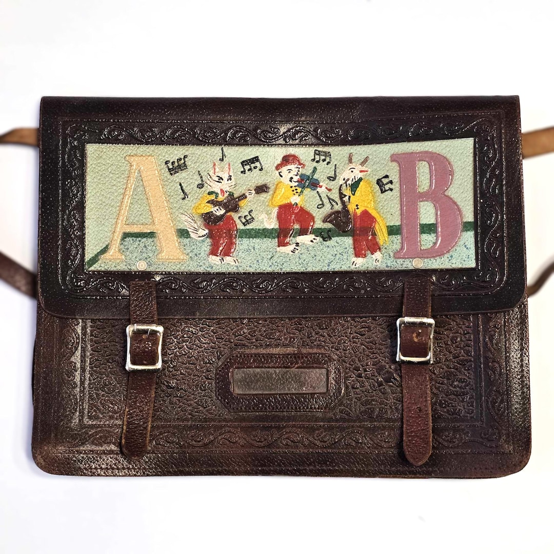 Vintage 50s 60s Tooled Leather Children School Bag Satchel Hand Painted ...
