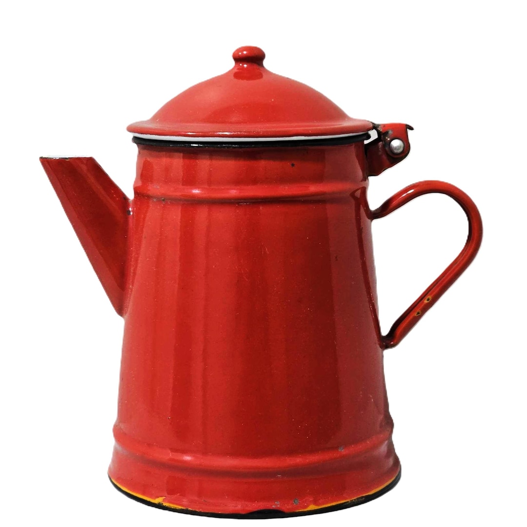 Vintage Red Enamel Coffee Pot Mid Century European Enamelware Tea ...
