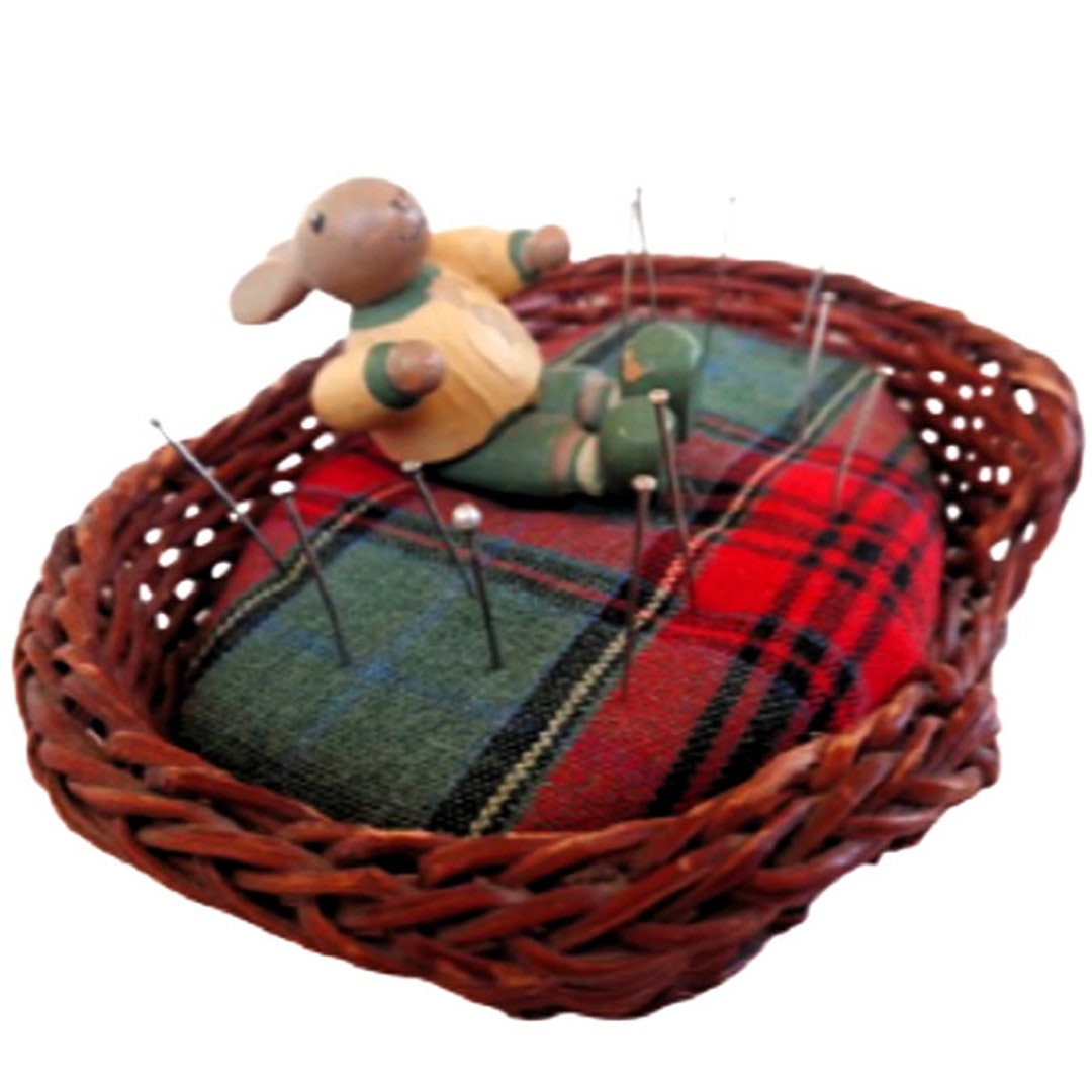 Vintage Bunny Pin Cushion, Wooden Rabbit in Wicker Basket, Handmade ...
