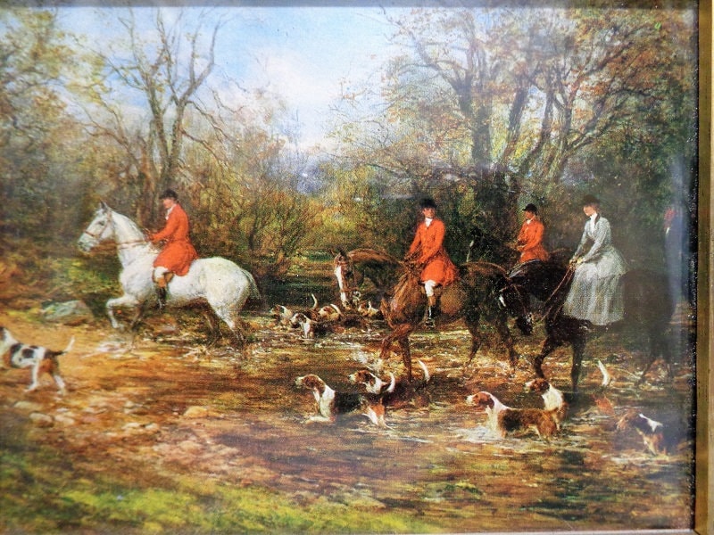 Wall Hanging Print With Hunting Scene, Under Glass Framed Vintage Art ...