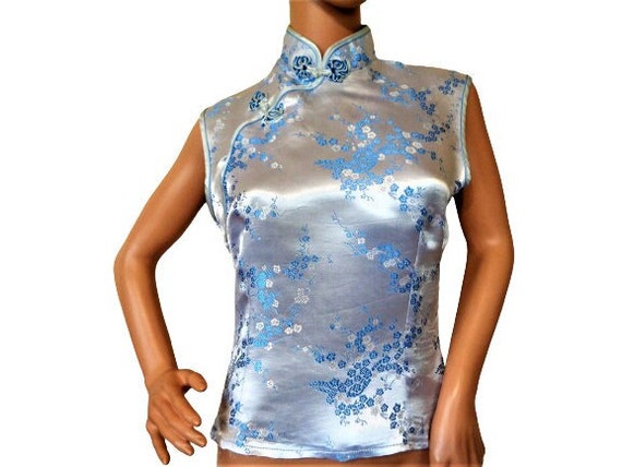 Chinese Cheongsam Top, Blue Metallic Asian Gipao, Flo… - Gem