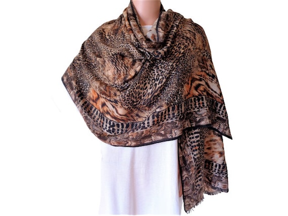 Large Cotton Scarf With Leopard Print Brown Shawl Wrap Cheetah Print Etsy Ireland