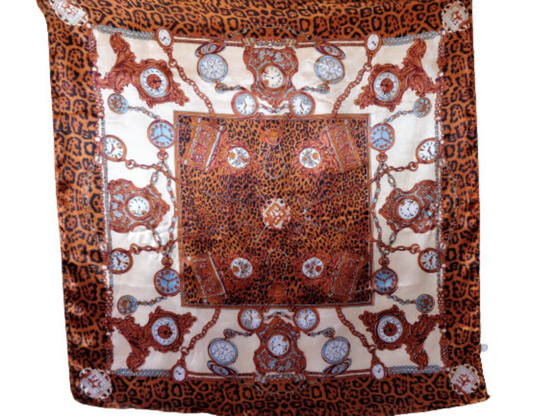 Large Satin Scarf With Clocks Watch and Leopard Print - Etsy UK