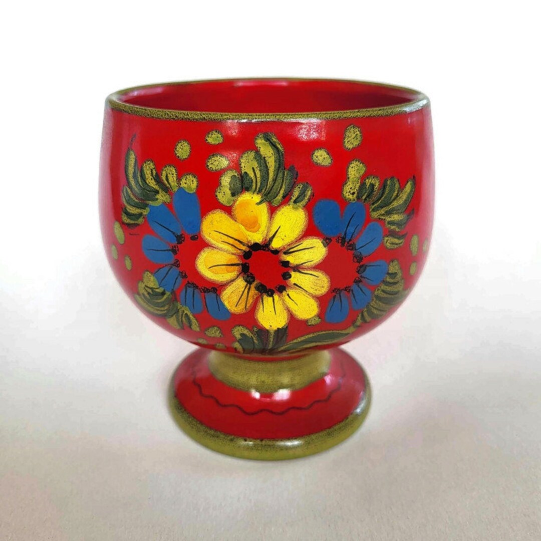 Vintage Italian Ceramic Bowl With Leg, Bright Red Hand Painted Flowers ...