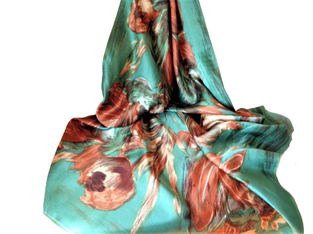 Satin Silk Scarf, Vintage 60s Head Scarf, Blue Brown Square Hair ...