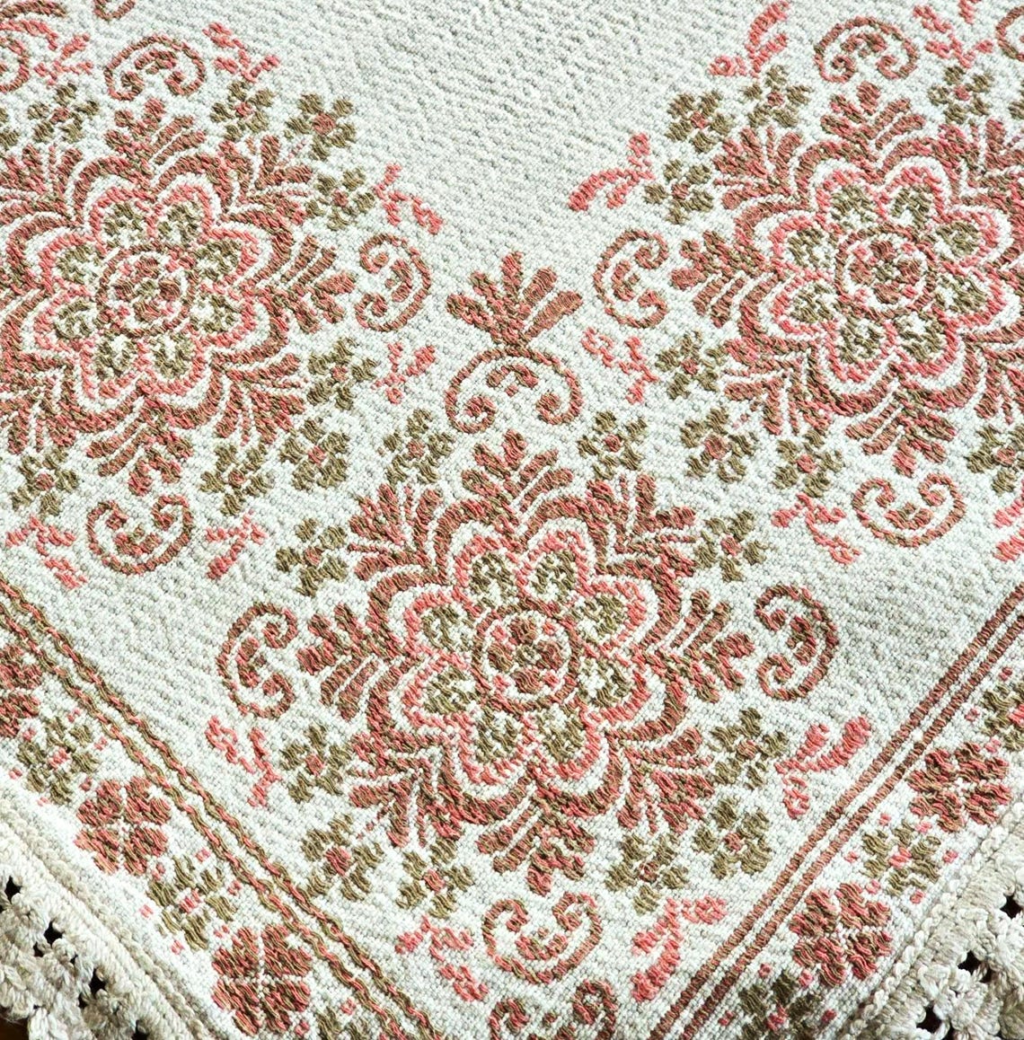 Vintage Austrian Folk Tablecloth Beige Pink Floral Design Linen Cotton ...
