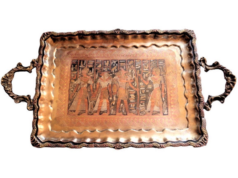 Large Egyptian Tray, Etched Brass Copper Inlay Rectangle Serving Tray ...