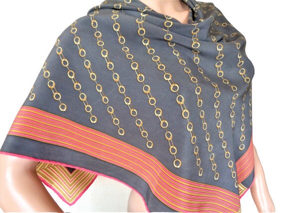 Chain Print Silk Scarf, Harper, Gray Orange Headscarf… - Gem