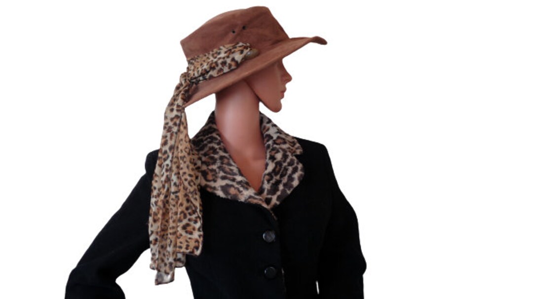 Women Leather Hat With Scarf, Australian Made, Beige Brown Suede ...