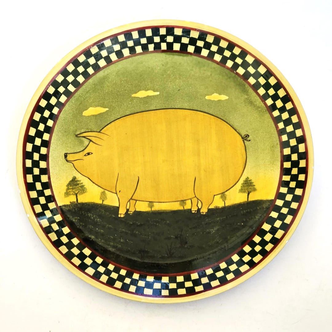 Decorative Plate by Sarah Akin Smith Pig Decoration Yellow Green Hand ...