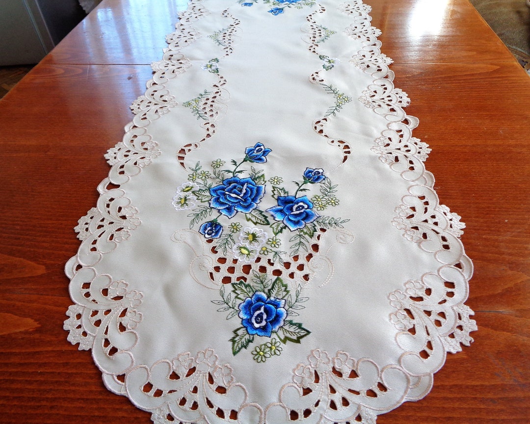Floral Embroidered Table Runner, Cut Work Lace Table Cover, Scalloped ...