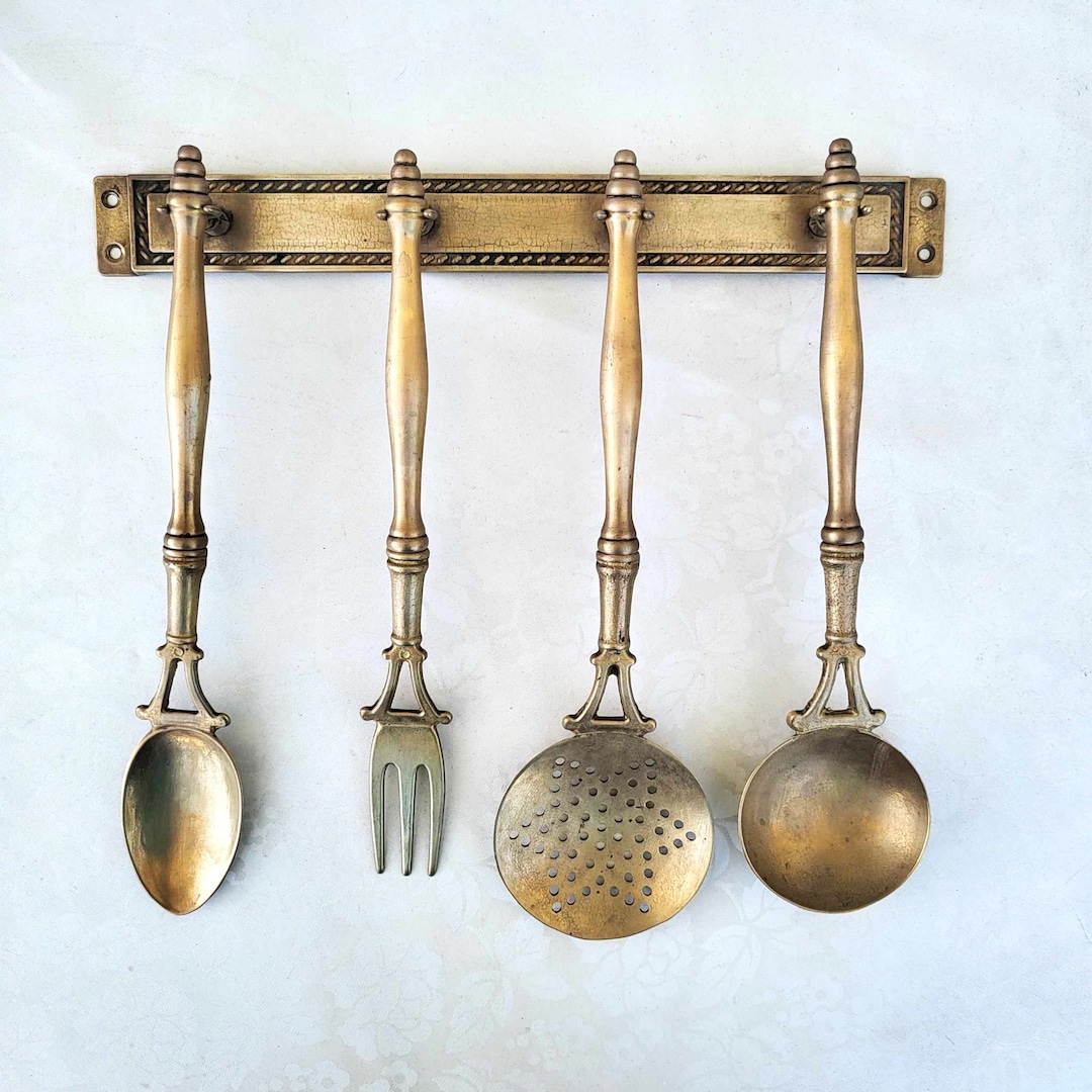 Vintage 1960s Brass Kitchen Utensils Rack, Wall Mount Cooking Tools ...