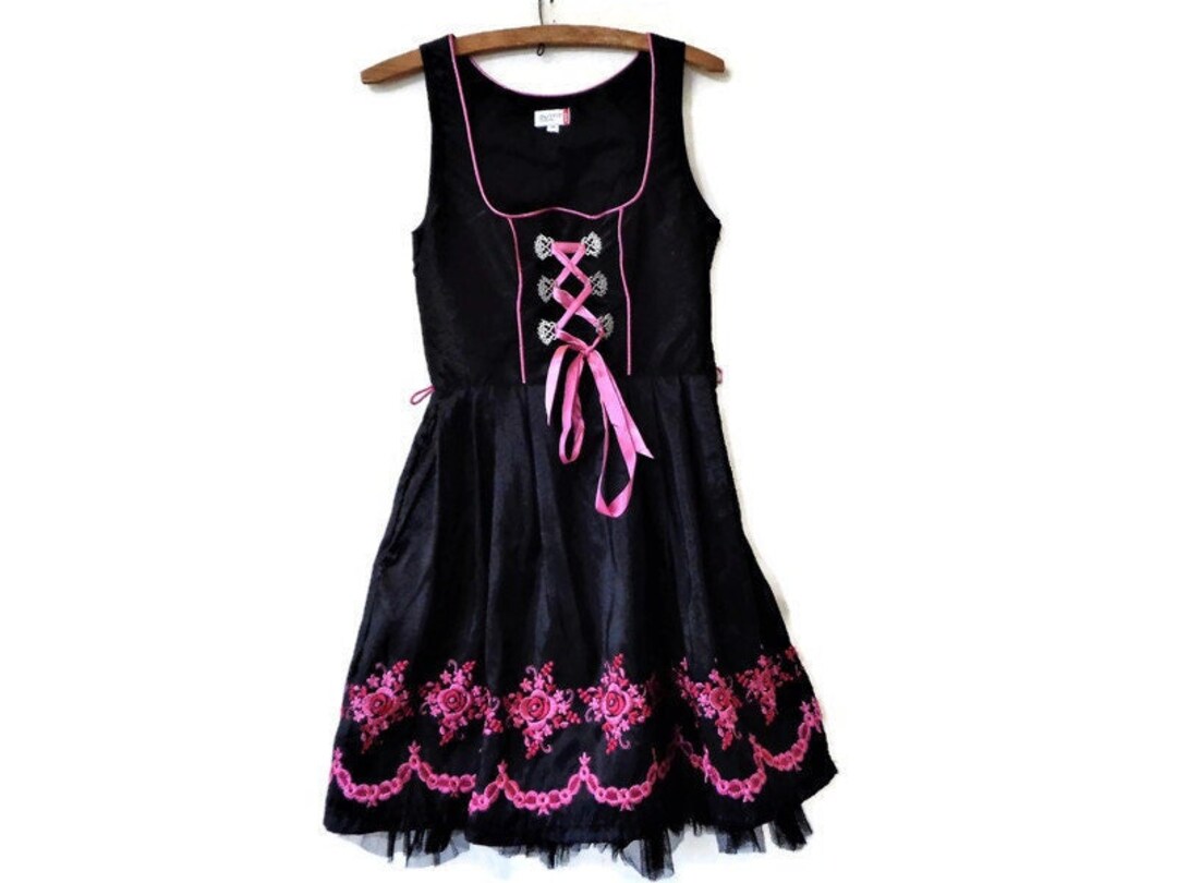 Embroidered Dirndl Dress, Black Pink Floral Trachten Dress, German Beer ...