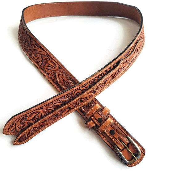 Hand Tooled Leather Belt, Tan Brown full grain cowhid… - Gem
