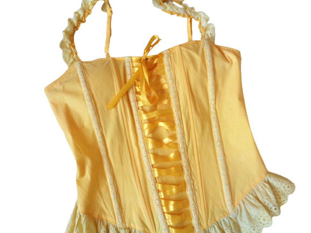 Vintage Lace Corset, Yellow Bustier Camisole Lace up Womens Summer Top ...