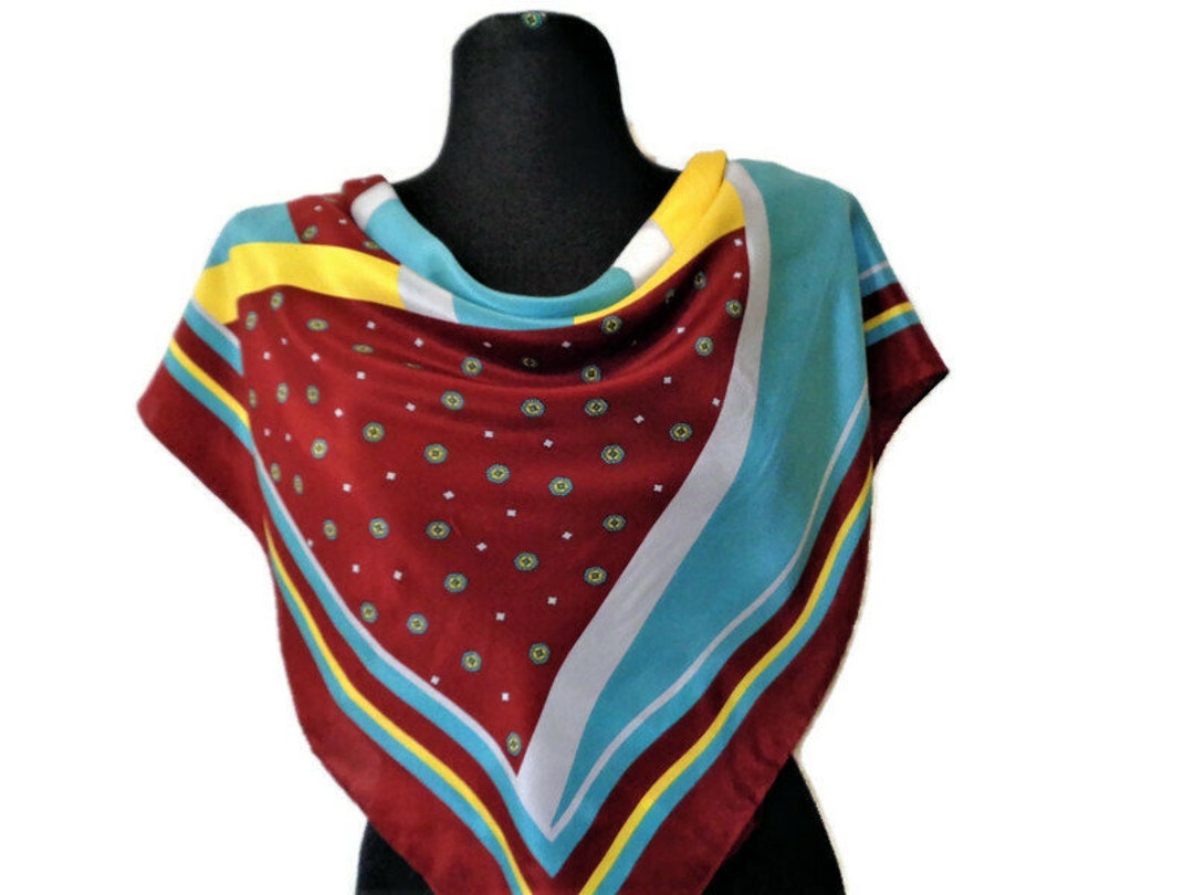 Red Burgundy Blue Yellow Large Square Silk Scarf With Geometric Novelty ...