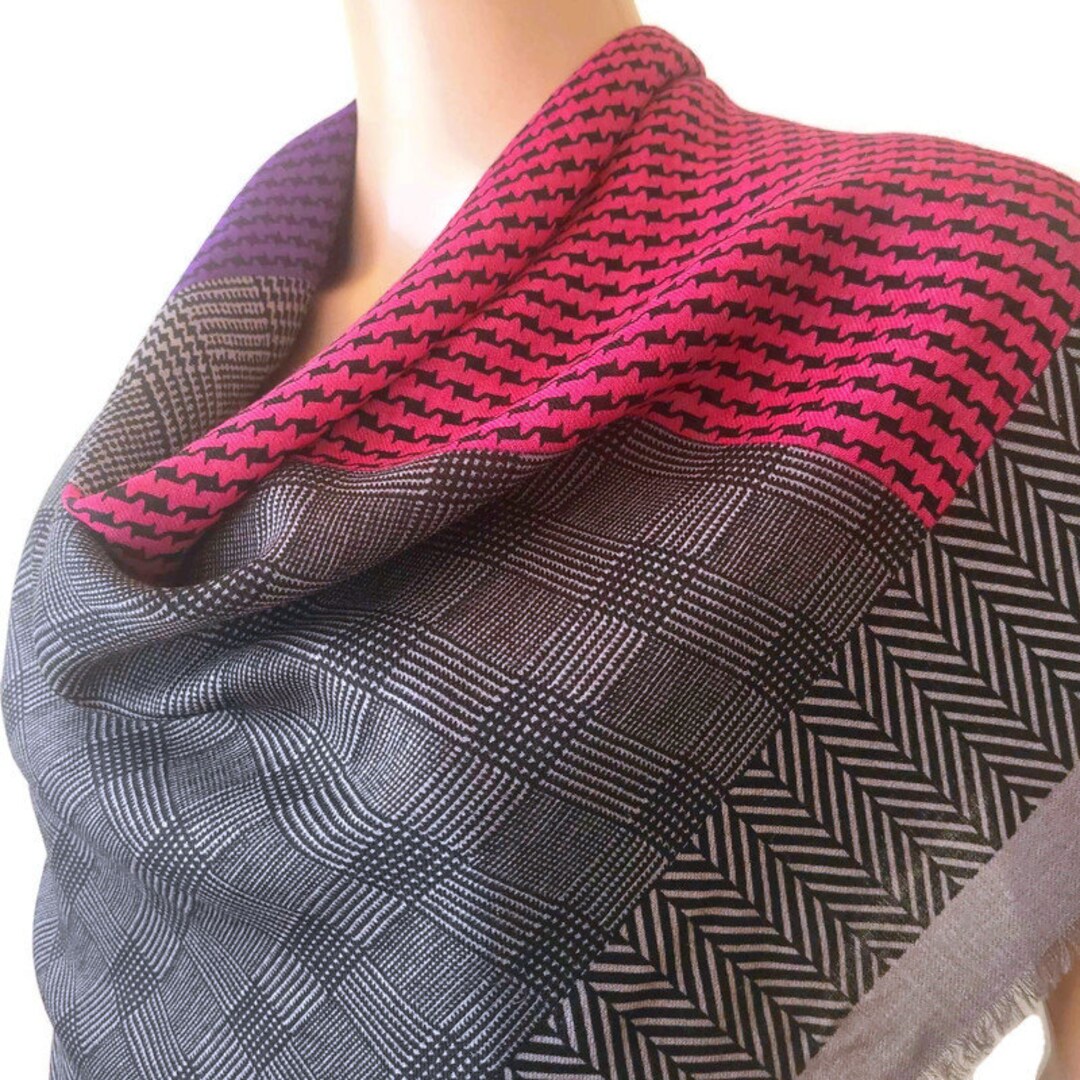 Square Wool Scarf, Made in Japan Lightweight, Herringbone Tweed Plaid ...