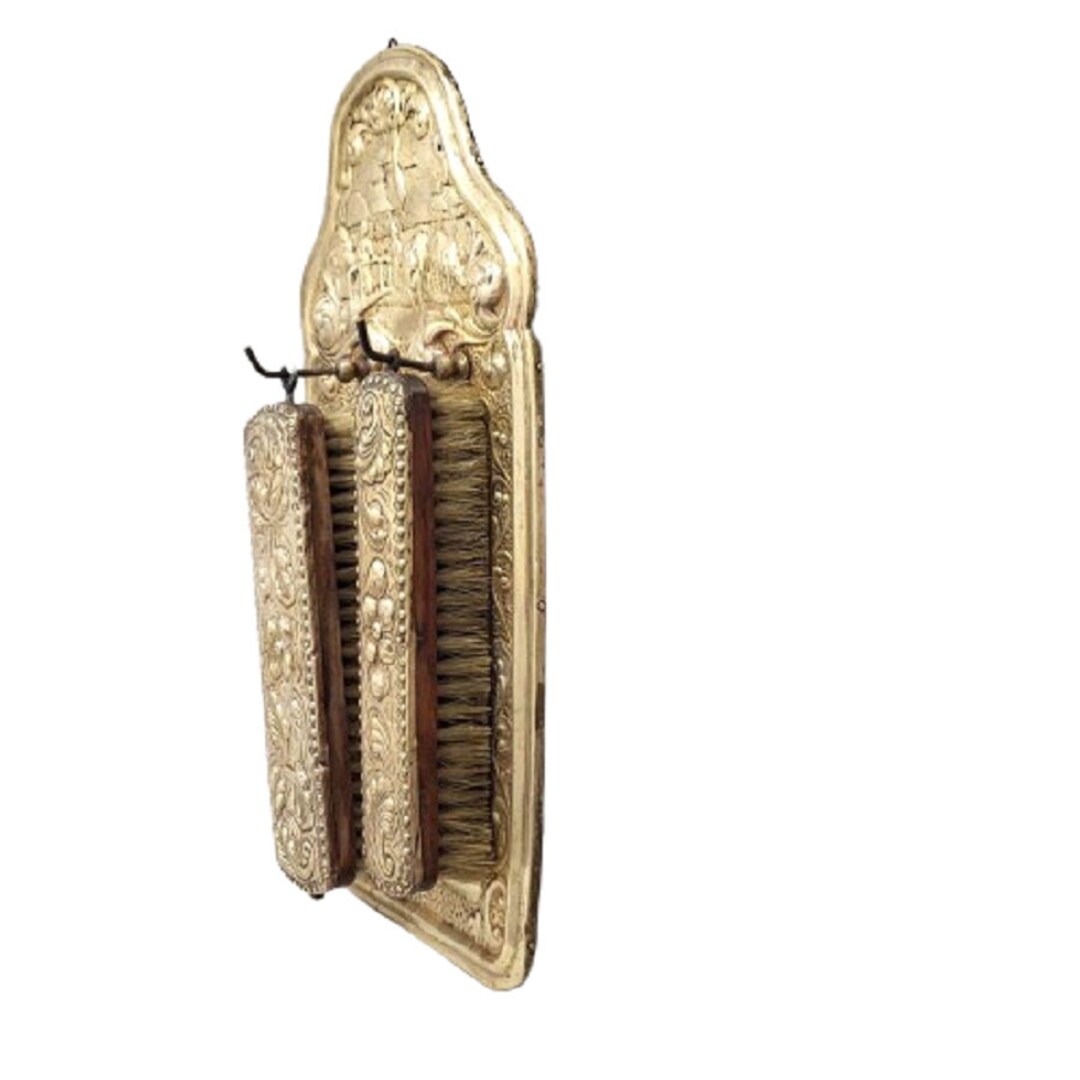 Vintage Wall Hanging Clothes Brush Set With Stand, Embossed Brass and ...