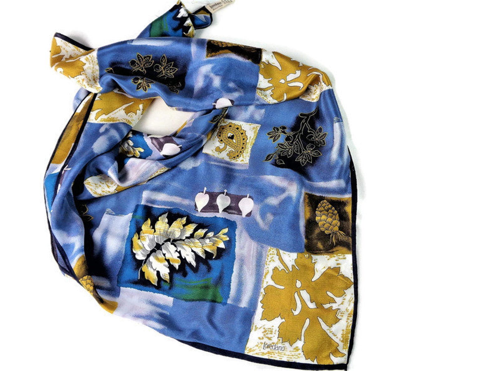 Vintage LOREDANO Large Silk Scarf Leaves Print Blue Mustard | Etsy