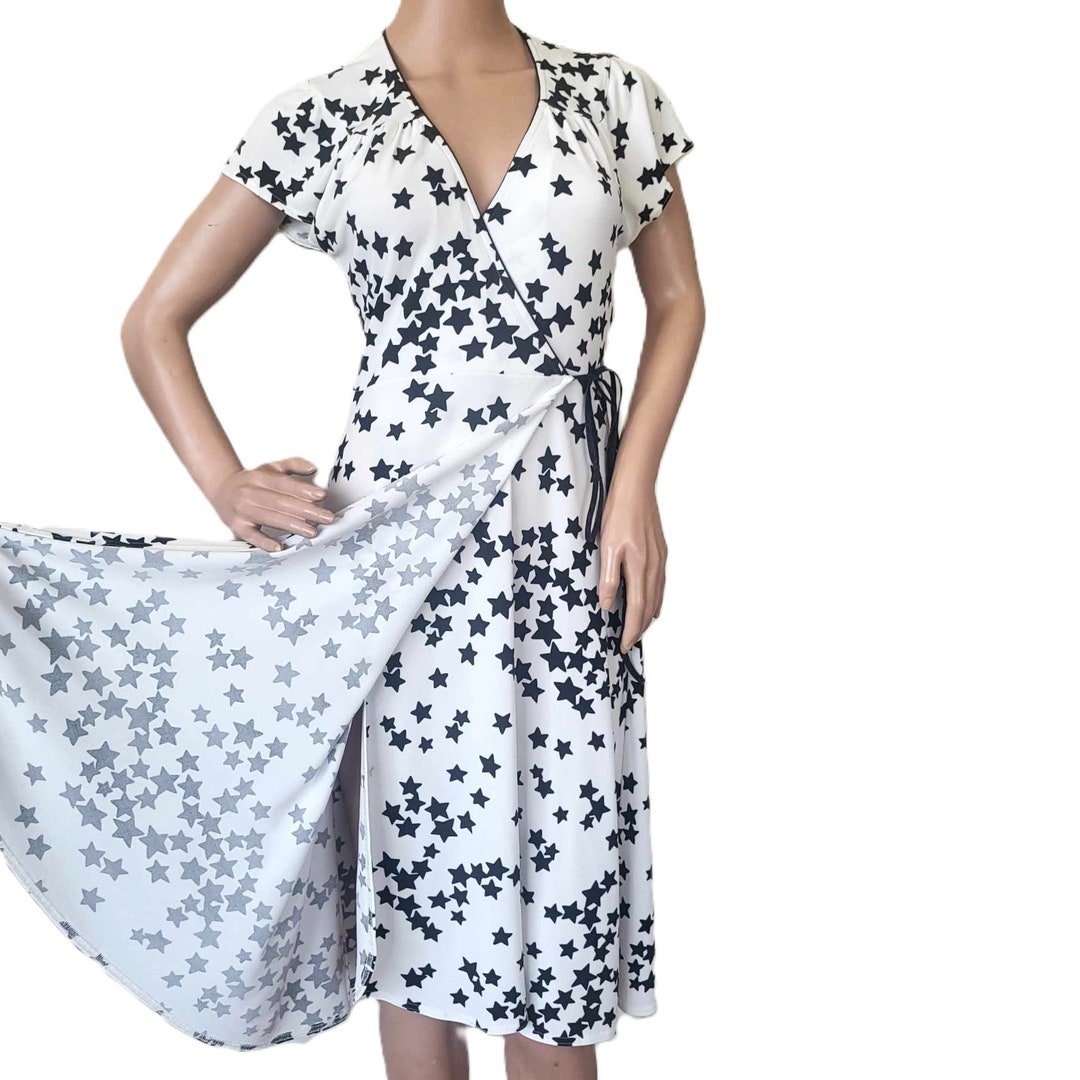 Vintage 90s Sonia Rykiel Star Print Wrap Tie Waist Dress Black White ...