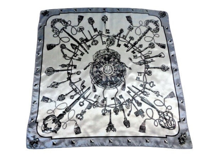 Vintage Metallic Gray Black Satin Scarf Gothic Medieval Themed Key ...